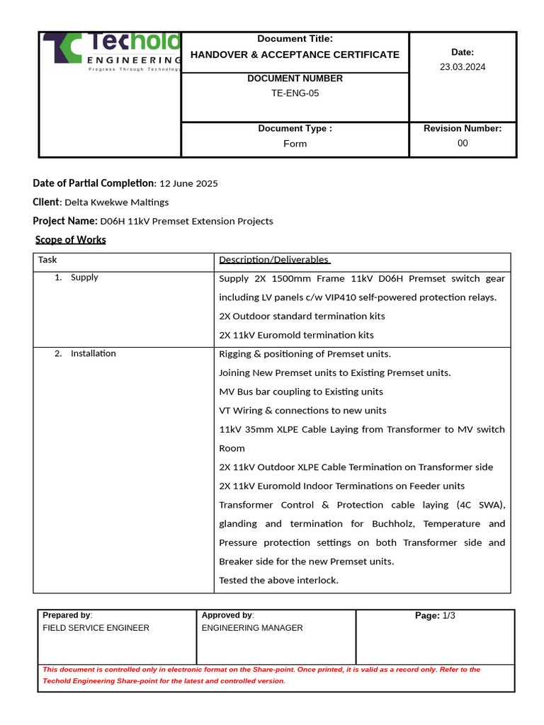 Delta Kwekwe Maltings D06H Premset Extention-Supply Installation & Commisioning Hand Over and ...