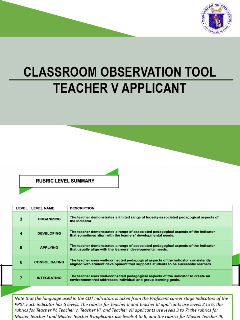 COT Rubric Teacher V Applicant | PDF | Learning | Teachers