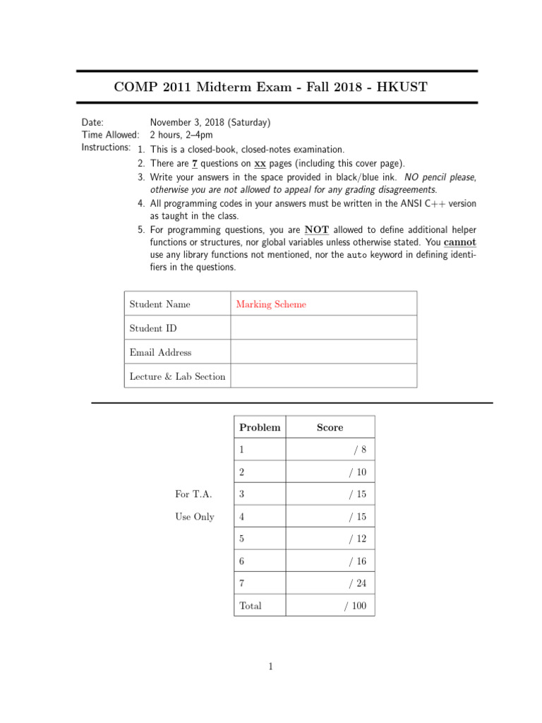 (COMP2011) (2018) (F) Midterm Sol Only | PDF | Object Oriented Programming | Software Development