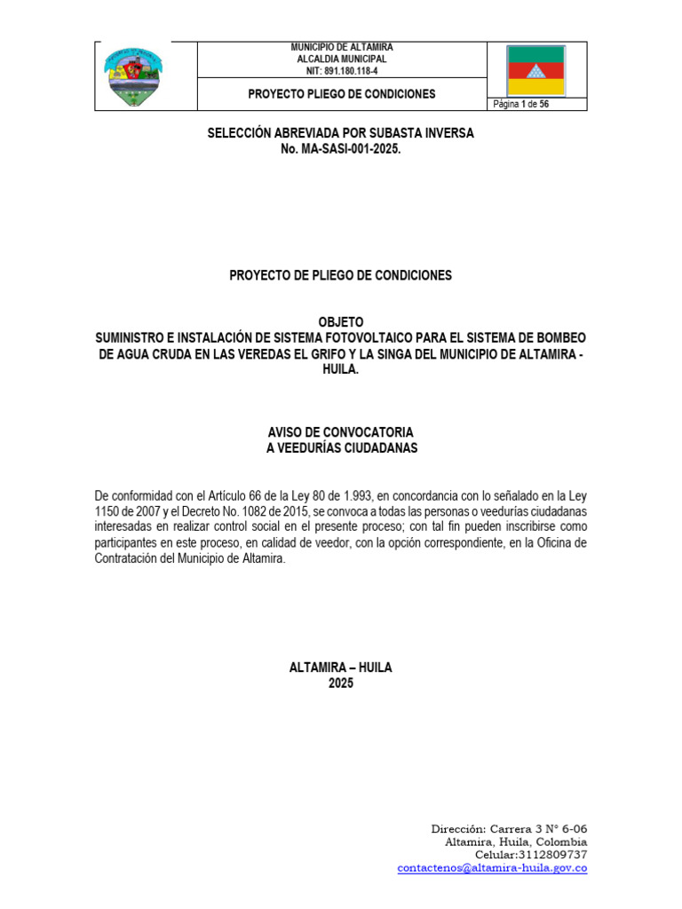 Ma-Sasi-001-2025 Proyecto de Pliego de Condiciones | PDF | Subasta | Fotovoltaica