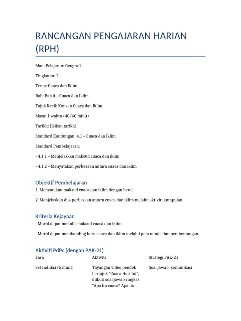 RPH Geografi Tingkatan 2 Bab 4 Cuaca Dan Iklim PAK21 | PDF