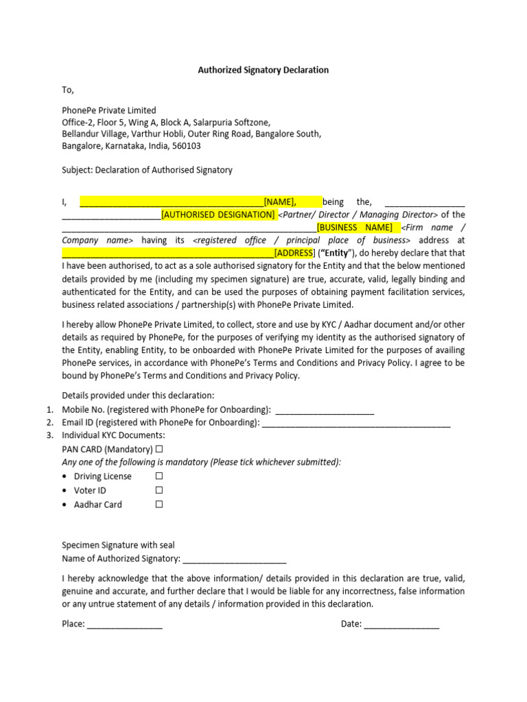 Authorized Signatory Declaration for PhonePe | PDF | Authentication ...