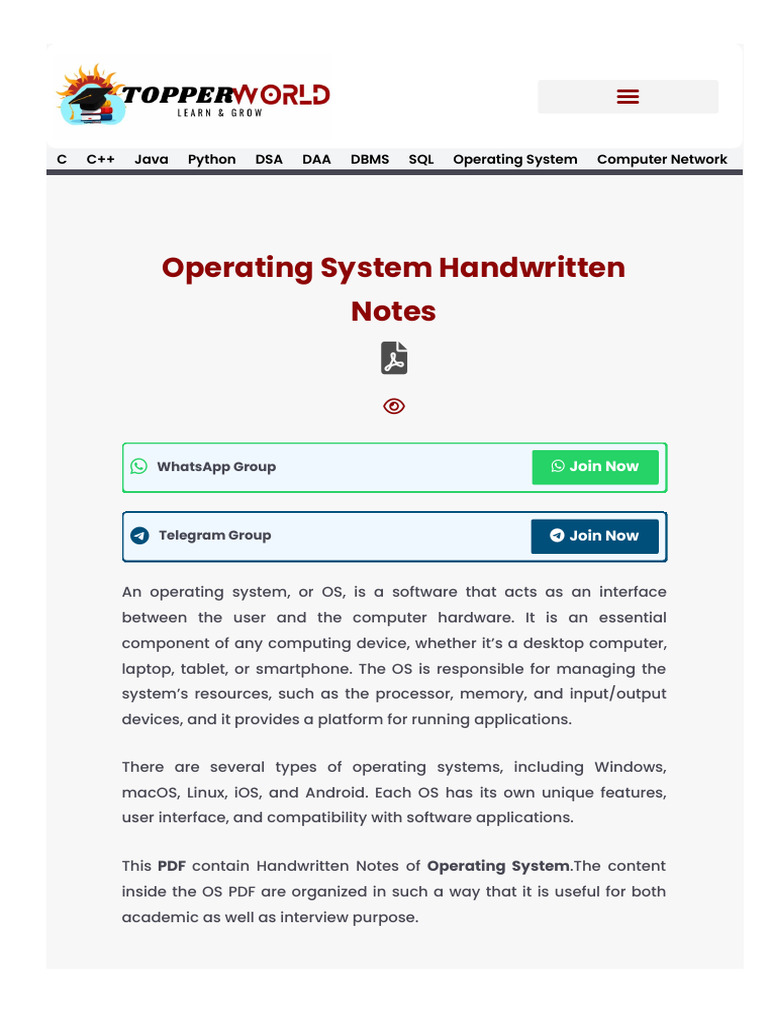 Topperworld - Inoperating System Handwritten Notes#PDF Operating System ...