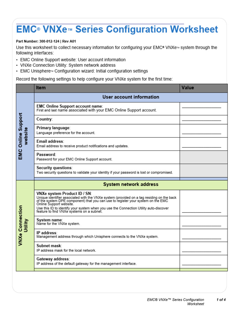 Docu31493 VNXe Series Configuration Worksheet | PDF | Active Directory | Network Protocols