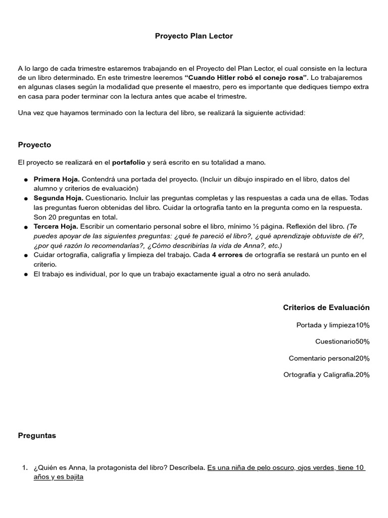 Plan Lector Cuando Hitler Robo El Conejo Rosa - Docx - 20241029 ...