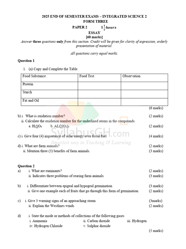 Integrated Science Exam Paper 2025 | PDF | Hydrogen | Oxide