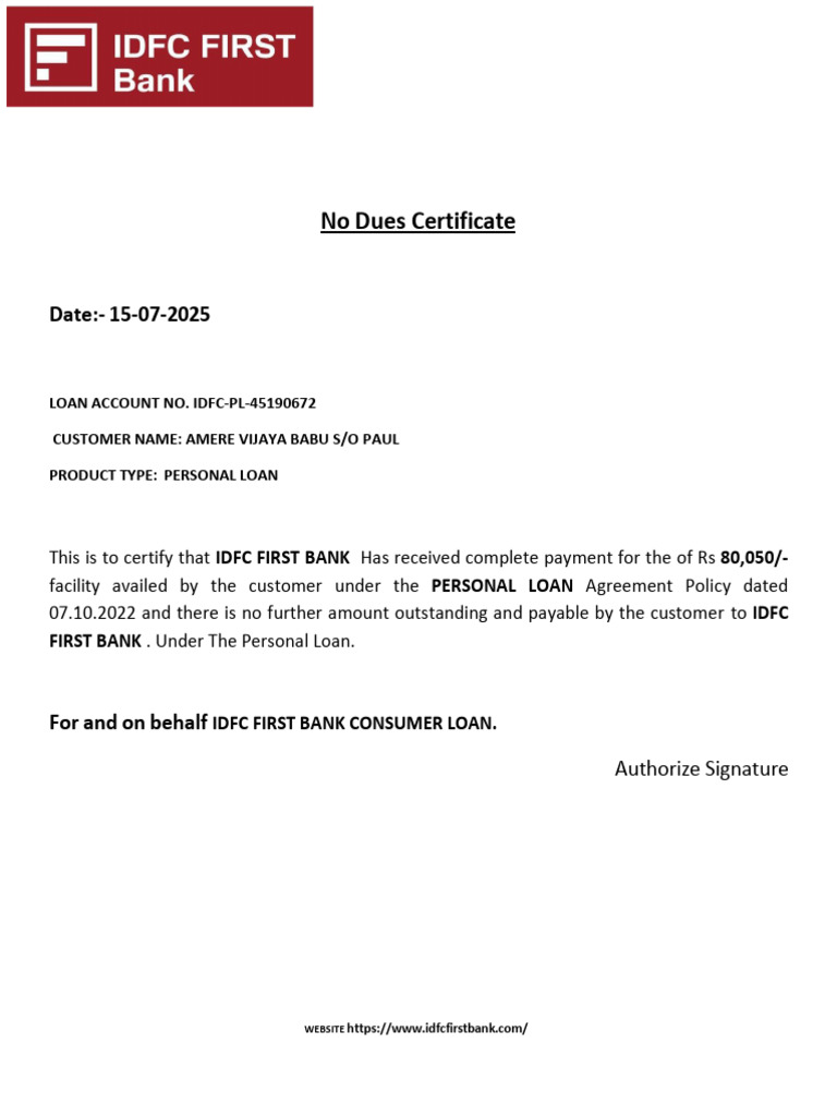 IDFC No Dues Certificate for Personal Loan | PDF