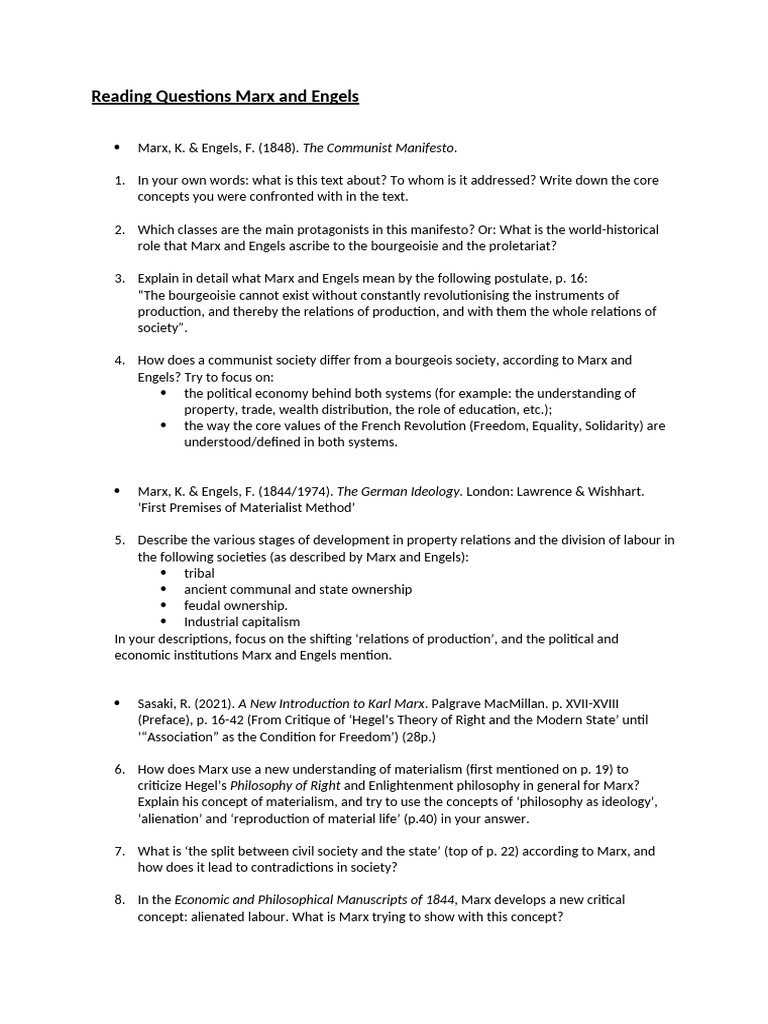 Reading Questions P3 Marx | PDF | Karl Marx | Bourgeoisie