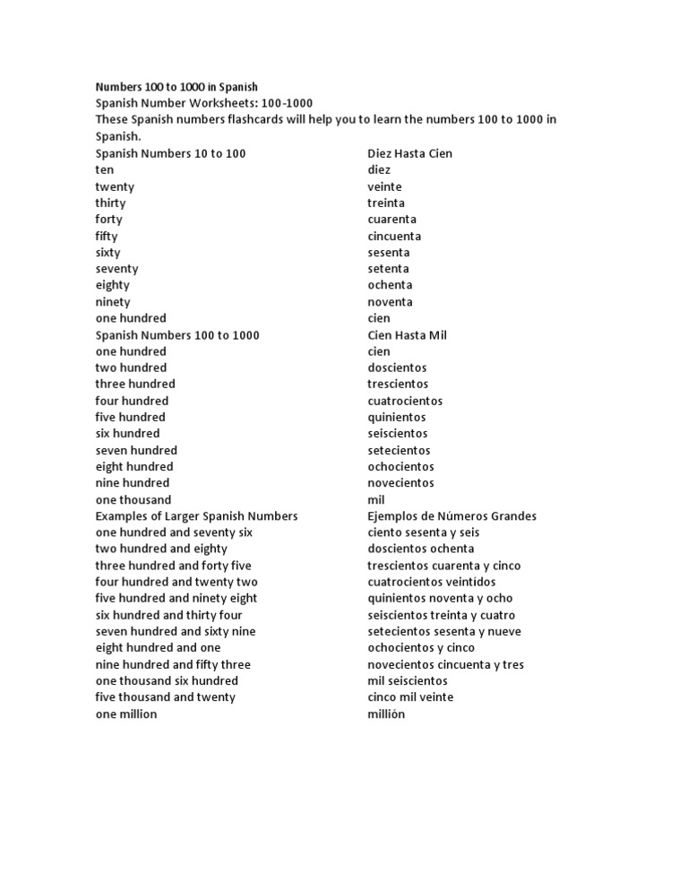 Spanish Numbers Worksheet 1 1000
