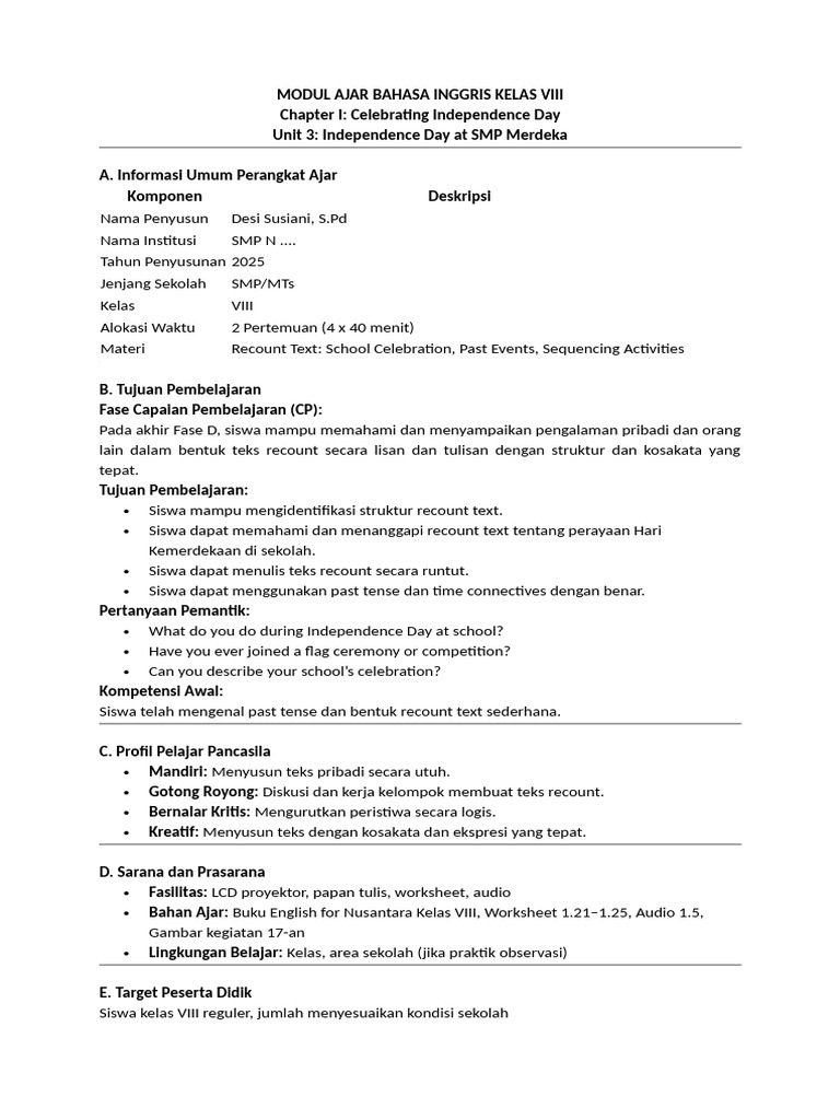 Modul Ajar Chapter I Unit 3 Kelas 8 | PDF