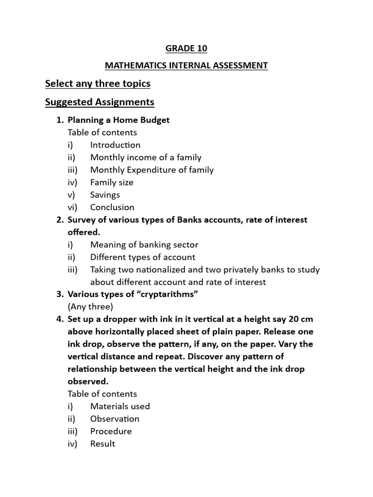 Mathematics Internal Assessment - Grade 10 (2025-26) | PDF