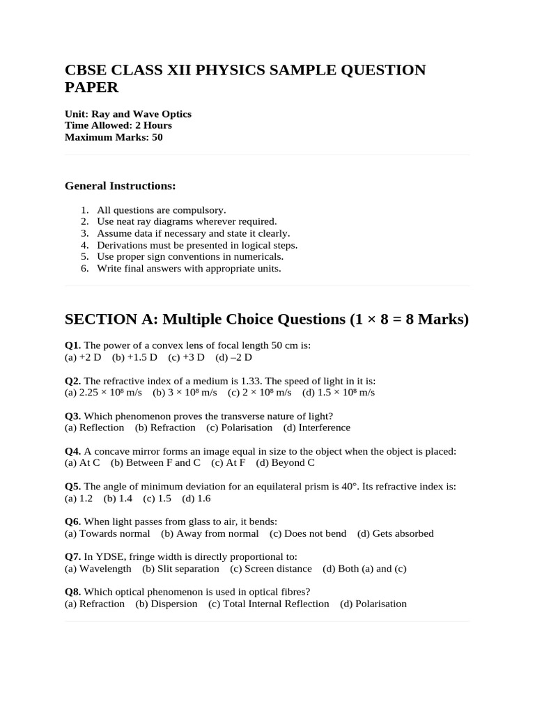 Cbse Class Xii Physics Sample Paper-Ut-1 | PDF | Optics | Refraction