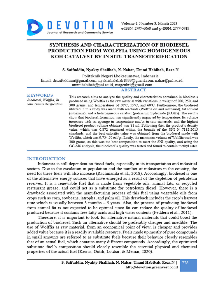 Synthesis and Characterization of Biodiesel Production From Wolffia ...