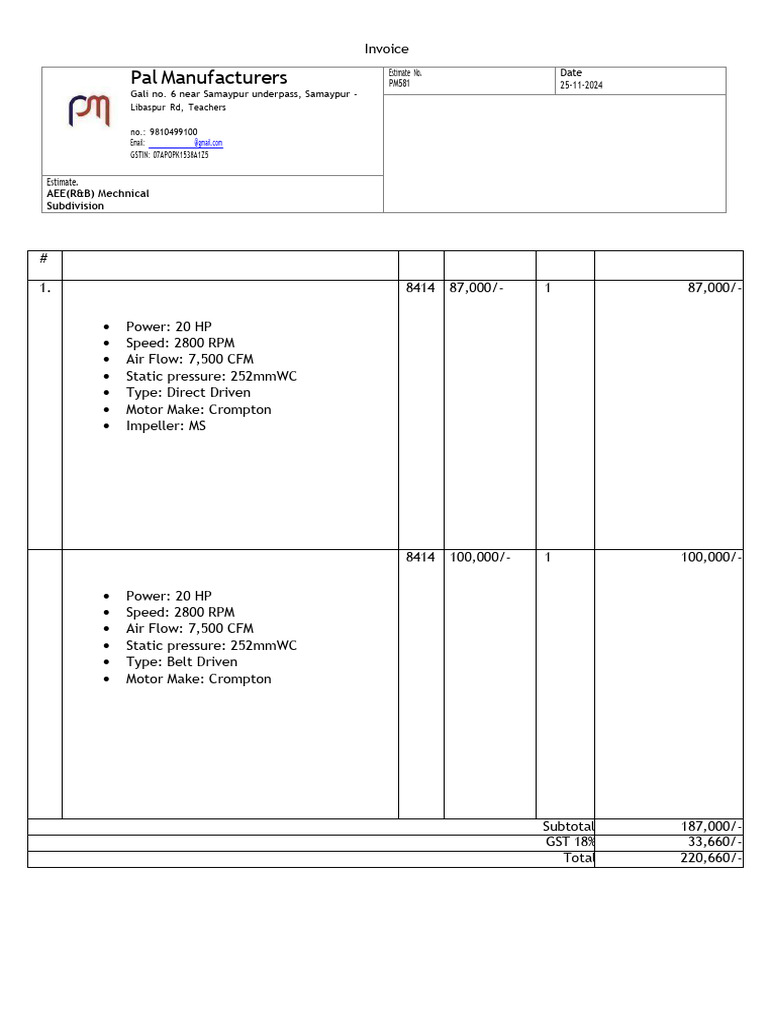 Invoice - PM581 - AEE (R L0B) Mechnical Subdivision | PDF