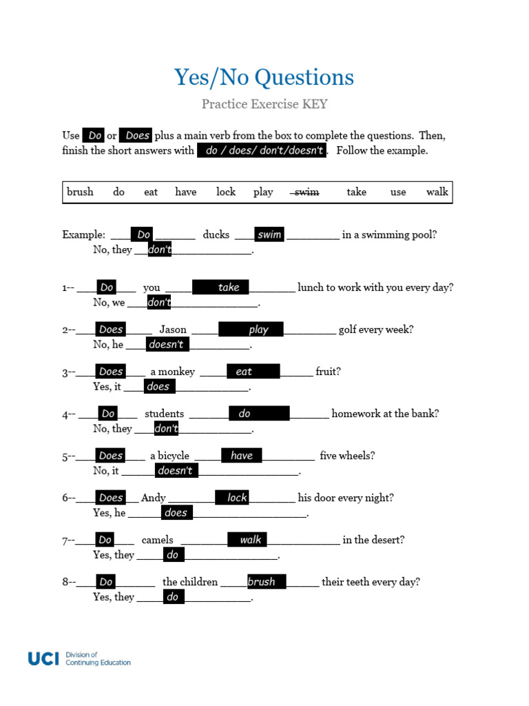 C1M4L3 - KEY - Yes No Questions Practice Exercise KEY | PDF