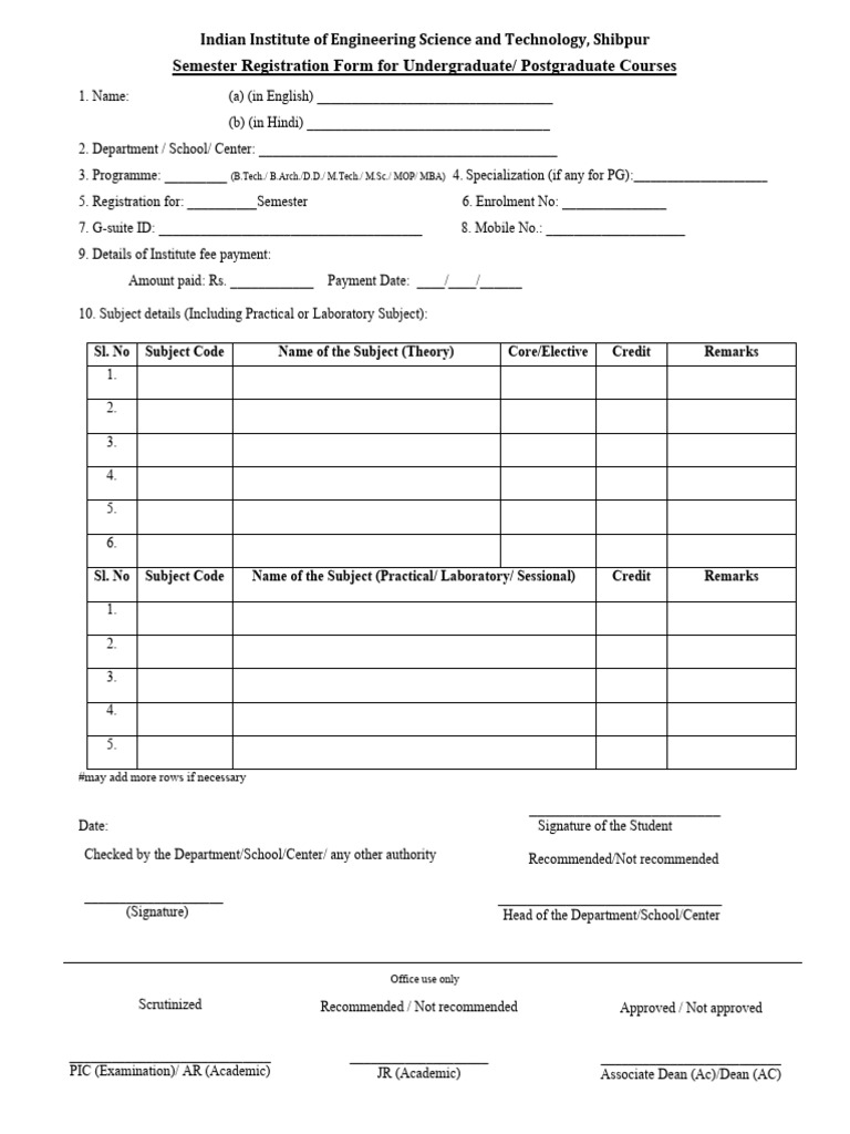 IIEST Shibpur Semester Registration Form | PDF | Thesis | Master's Degree