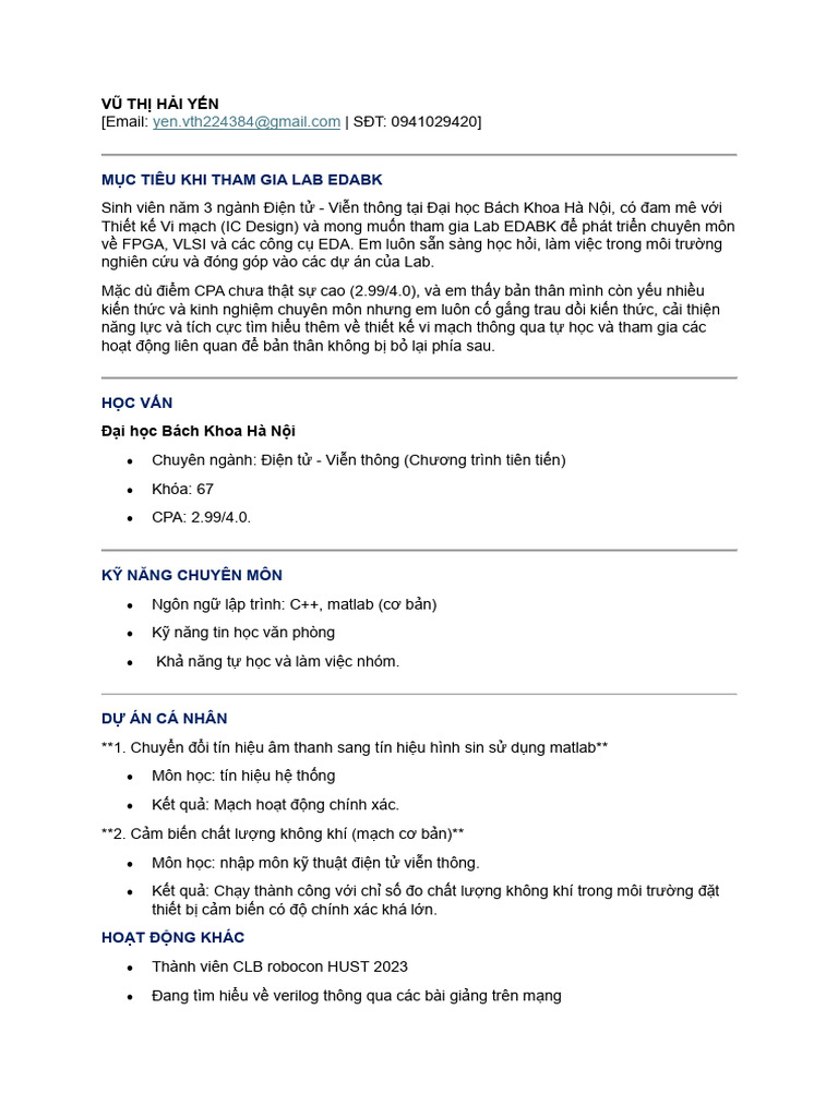 CV Xin Vào Lab | PDF