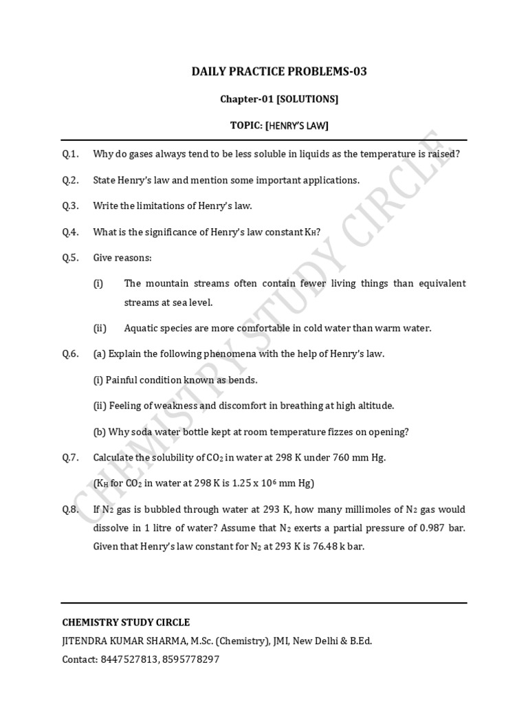 DPP 03-Ch-01 (Solutions) Henry's Law | PDF