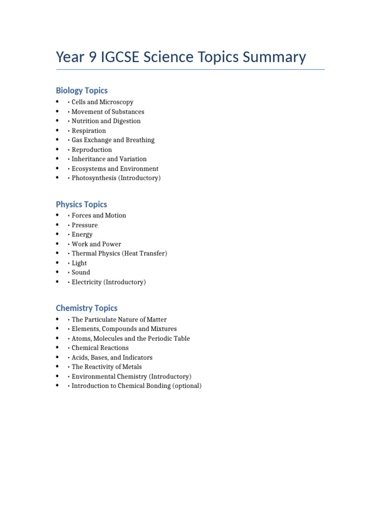 Year 9 IGCSE Science Topics Overview | PDF