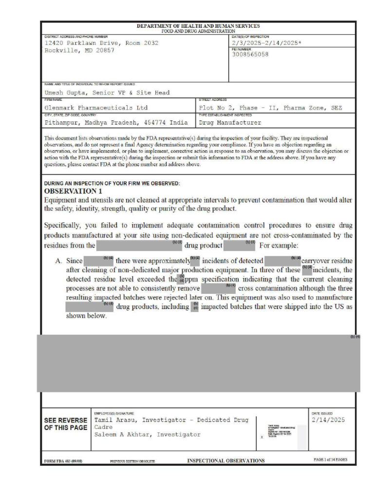 Glenmark FDA 483 Observations 2025 | PDF | Food And Drug Administration ...