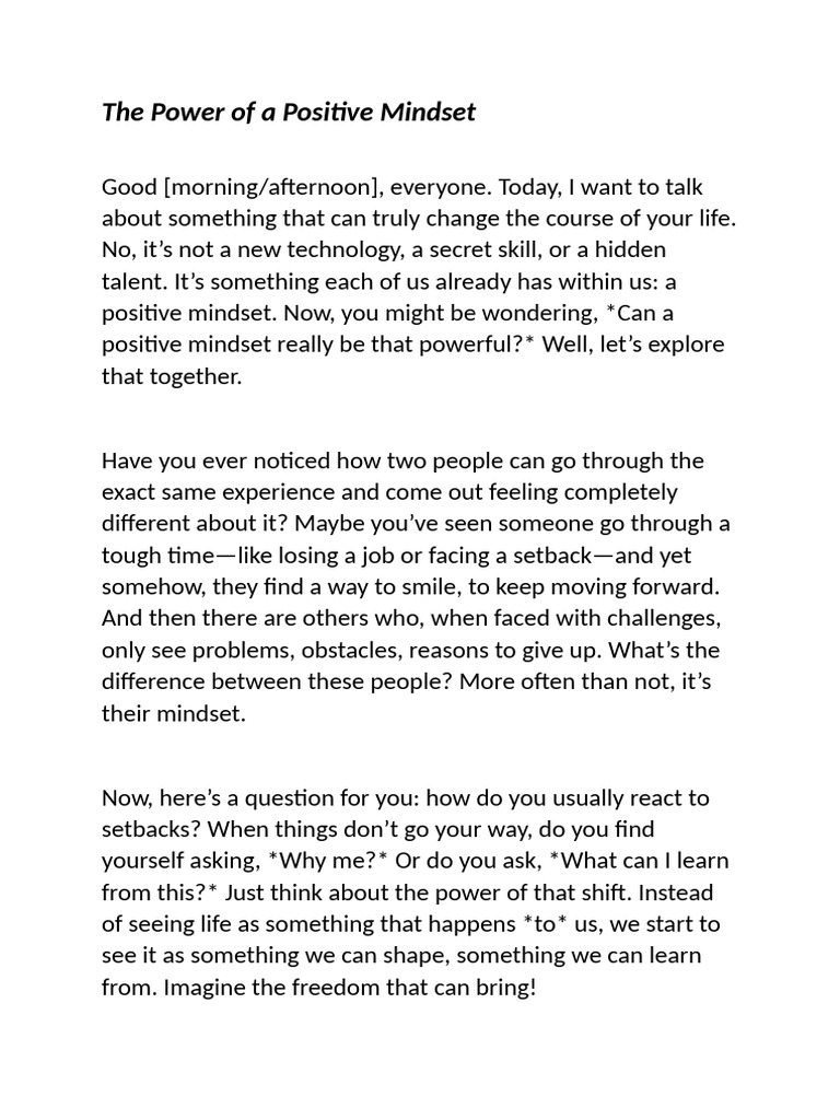 The Power of A Positive Mindset | PDF | Thought | Mindset