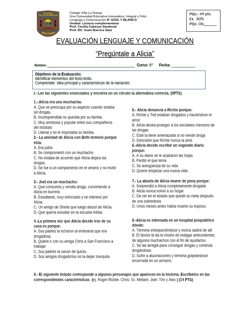 Evaluación de Lenguaje: "Pregúntale a Alicia" | PDF