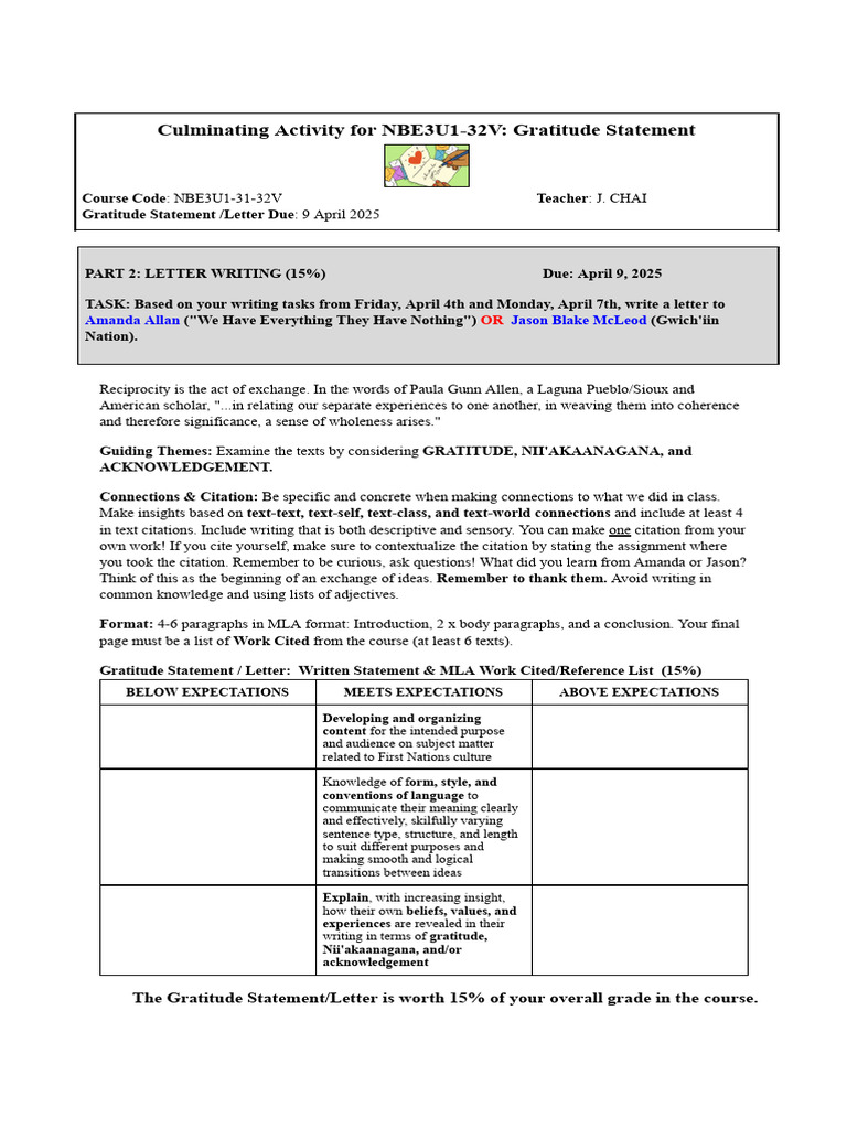 NBE3U1 Gratitude Statement Guidelines | PDF | Citation | Knowledge