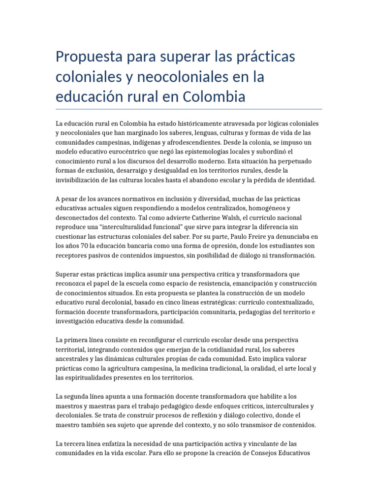 Propuesta Educacion Rural Decolonial Colombia | PDF | Pedagogía | Plan ...