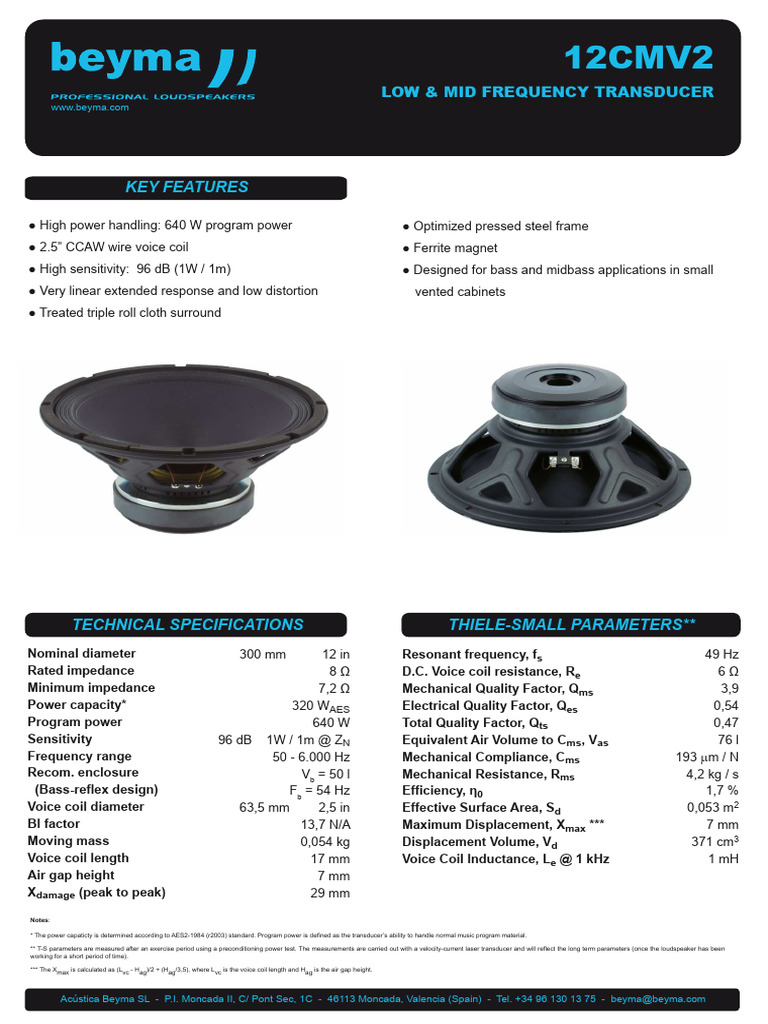 Beyma 12CMV2 Speaker Specifications | PDF | Loudspeaker | Inductor