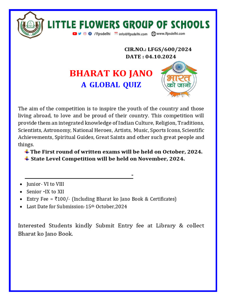 Bharat Ko Jano Quiz Vi To Xii 202425 | PDF