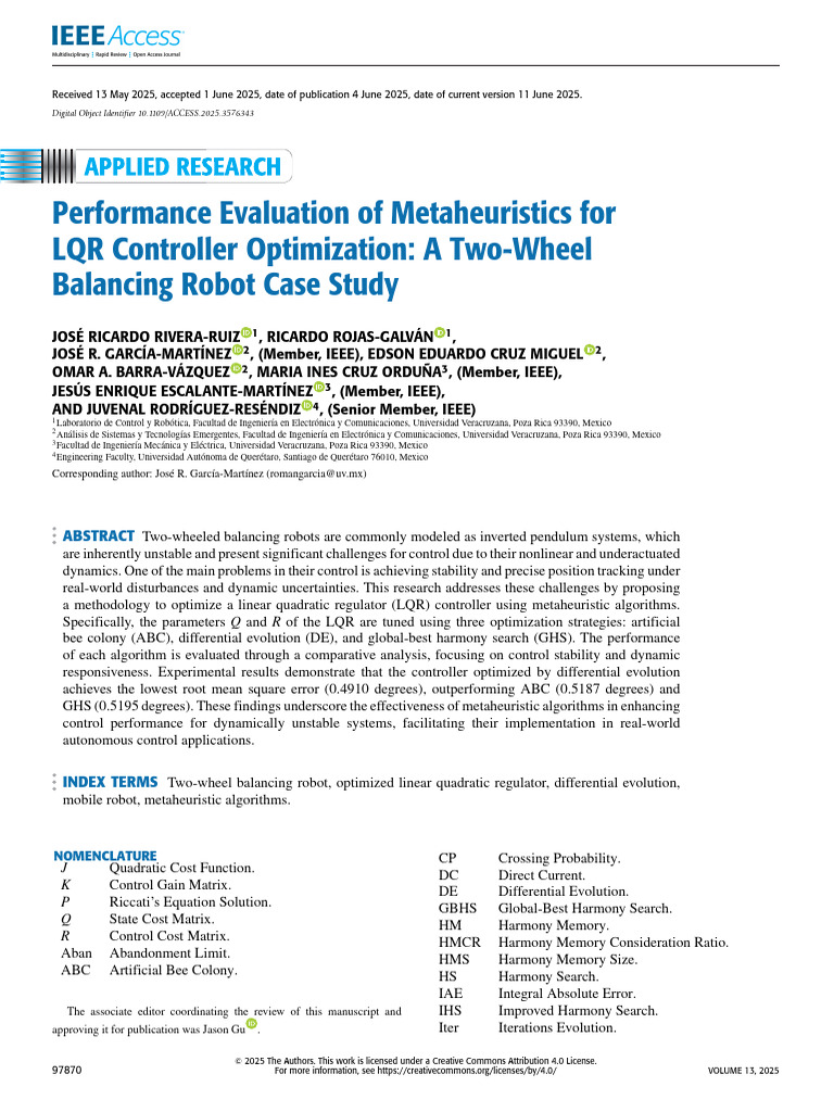 Performance Evaluation of Metaheuristics For LQR Controller Optimization A Two-Wheel Balancing ...