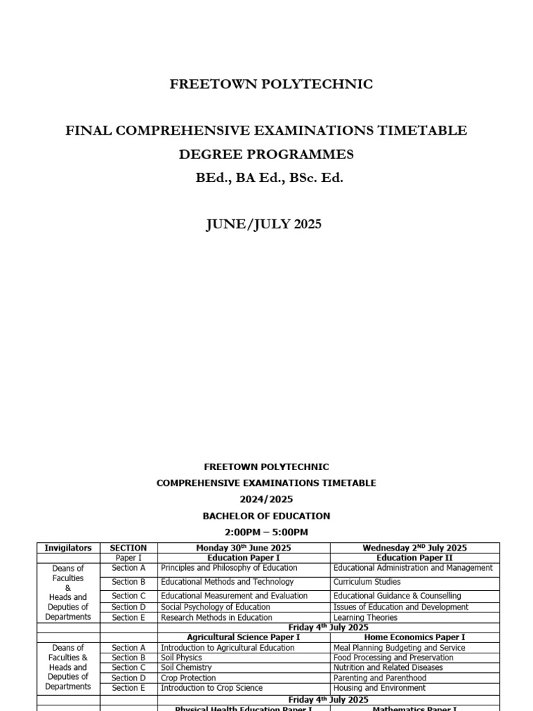 Final Comprehensive Timetable 2025 | PDF | Science | Chemistry