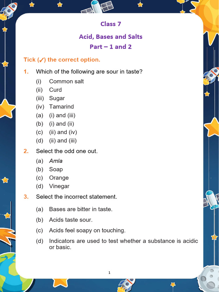 Class 7 Acid, Bases and Salts Part - 1 and 2: Tick The Correct Option ...
