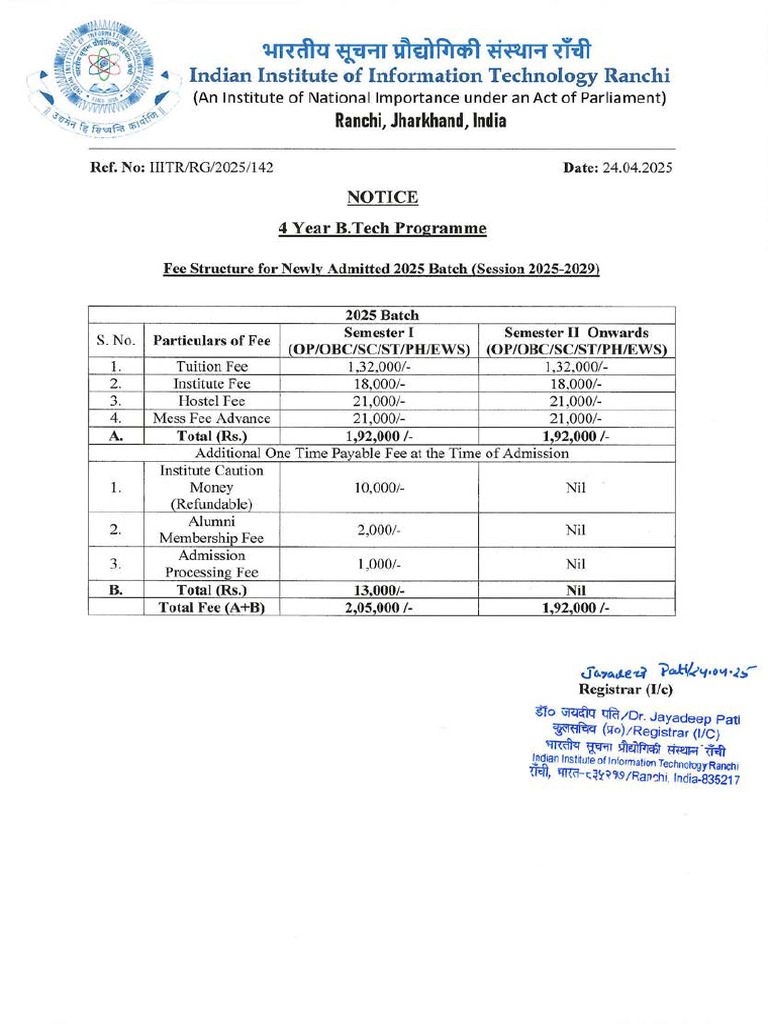 IIIT Ranchi Fees Structure | PDF