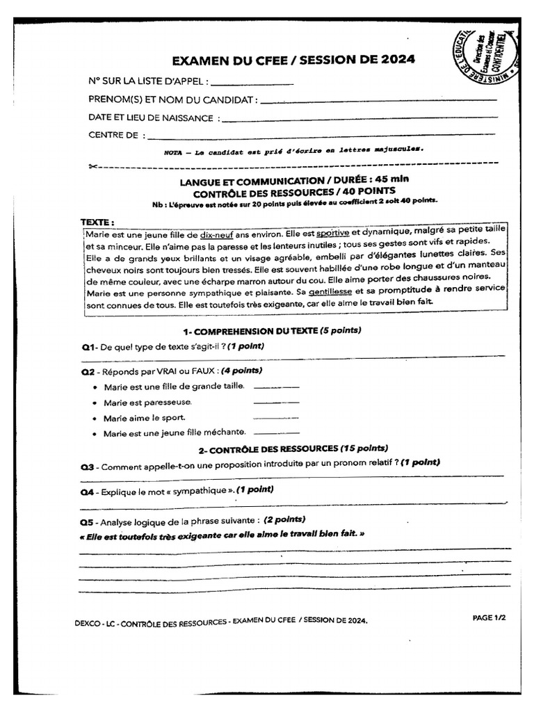 CFEE 2024 Epreuves | PDF