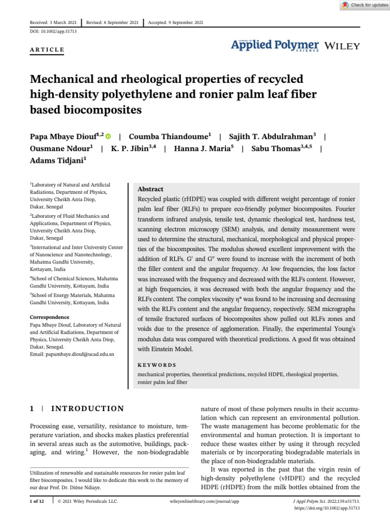 J of Applied Polymer Sci - 2021 - Diouf - Mechanical and Rheological Properties of Recycled High ...
