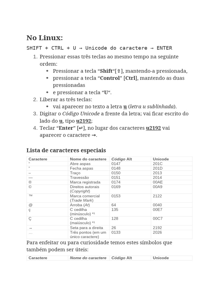 Atalhos para Inserir Unicode no Linux | PDF | Teclado de computador | Texto