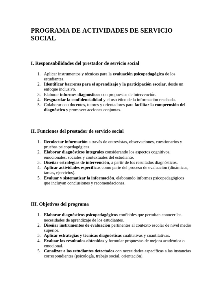 Programa de Actividades de Servicio Social 2 | PDF | Evaluación ...