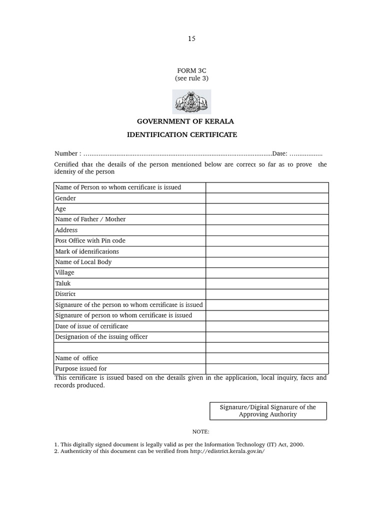 Kerala Identification Certificate Format | PDF