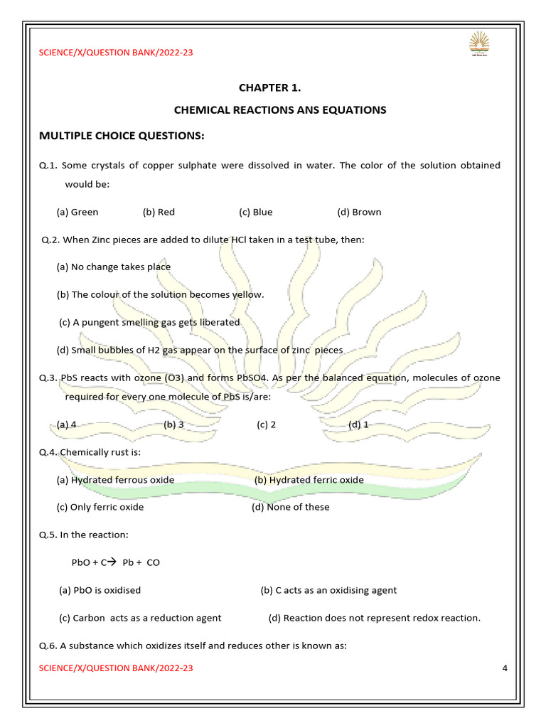 Science Class X Question Bank 2022-23 | PDF | Redox | Chemical Reactions