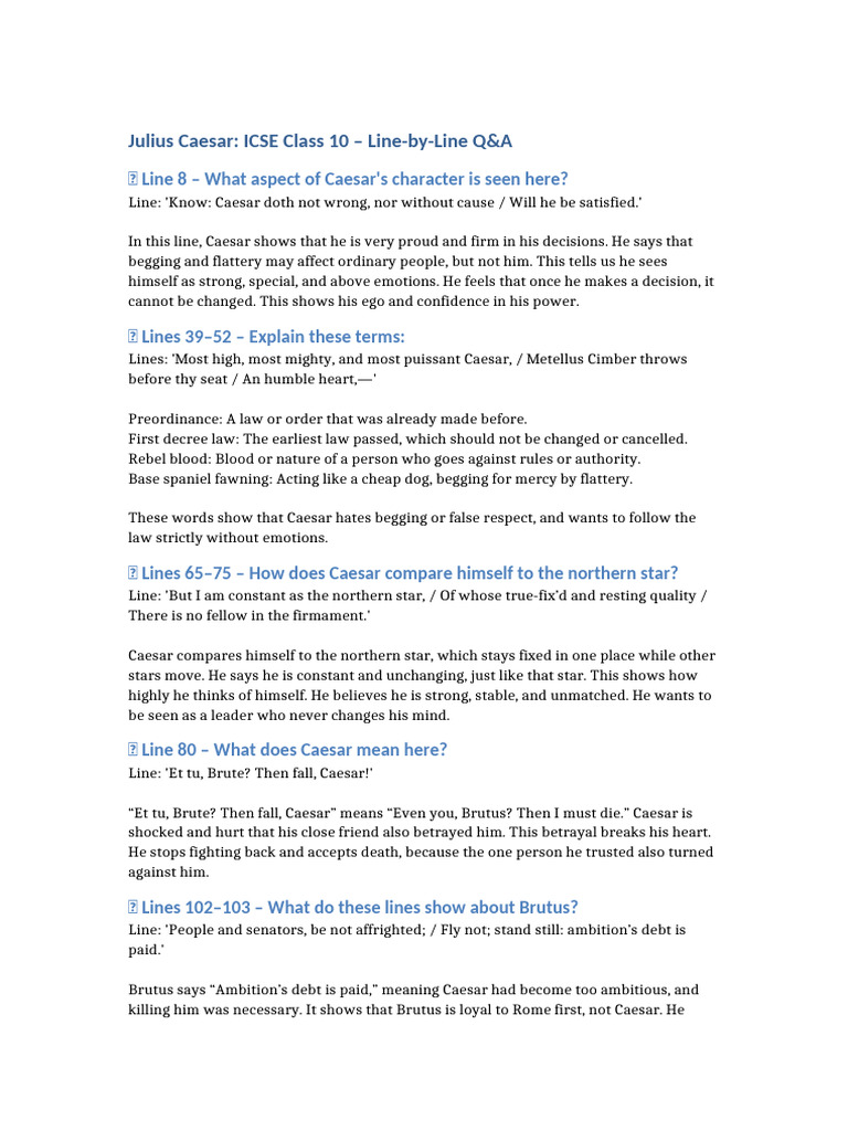 Julius Caesar: Class 10 Q&A Insights | PDF
