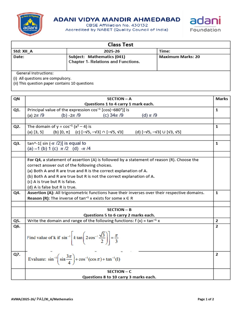 2 Xii A CH 2 Class Test 20m QP | PDF | Function (Mathematics ...