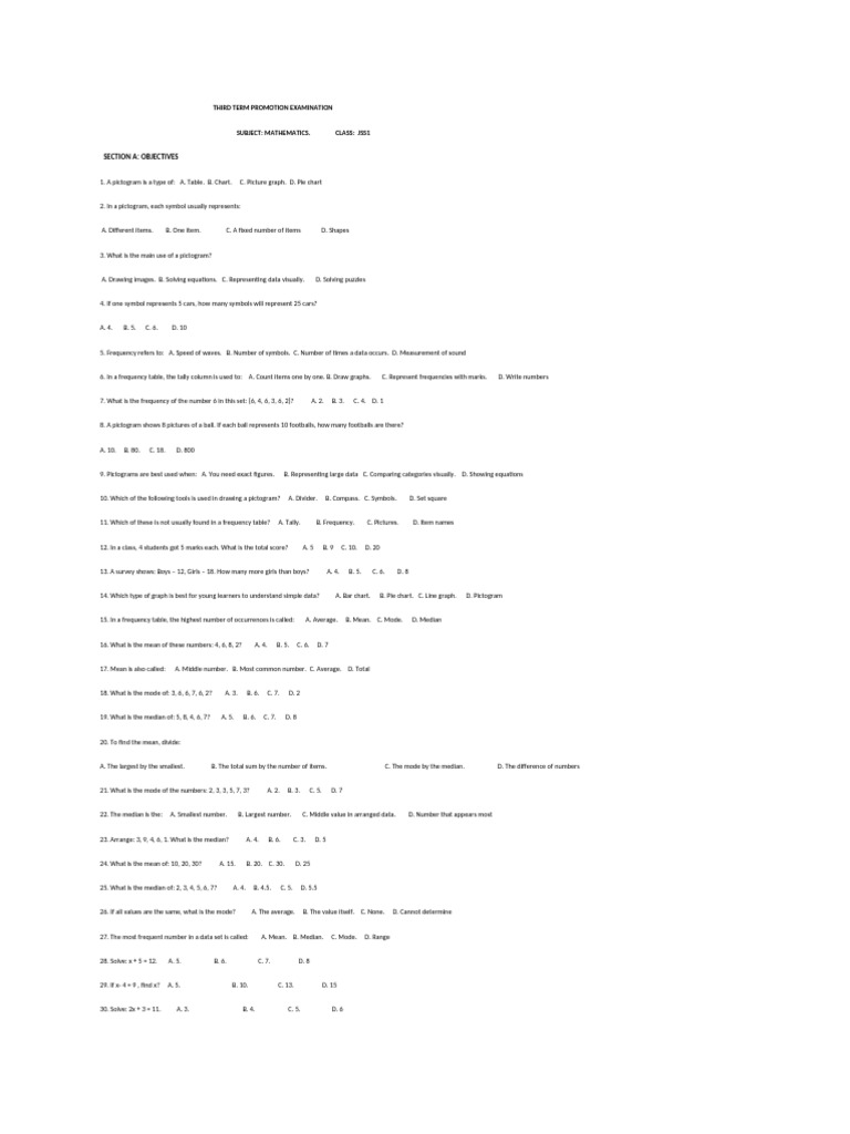 JSS1-2 Third Term Exam in Maths | PDF | Triangle | Mean
