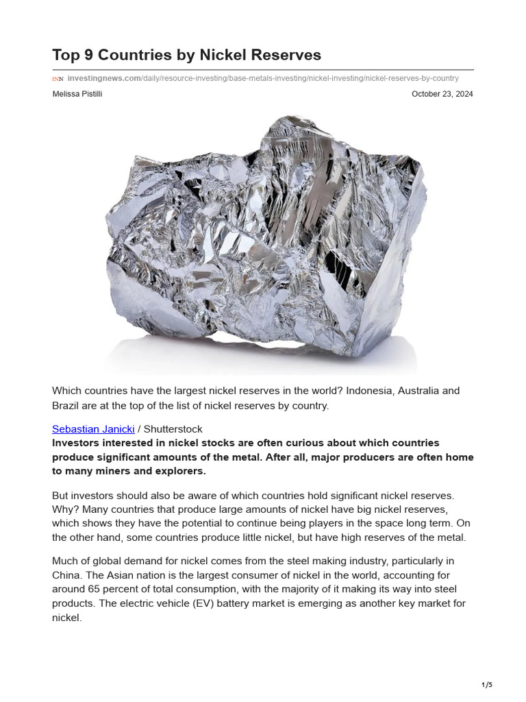 Top 9 Countries by Nickel Reserves | PDF | Nickel | Mining
