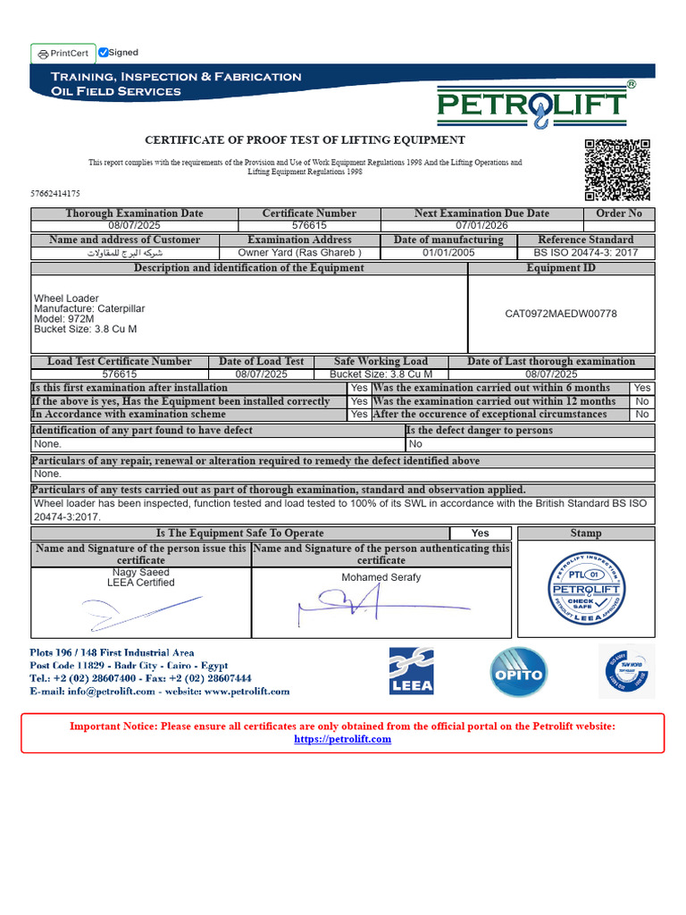 Petrolift Certificate of Proof Test | PDF | Loader (Equipment) | Vehicles