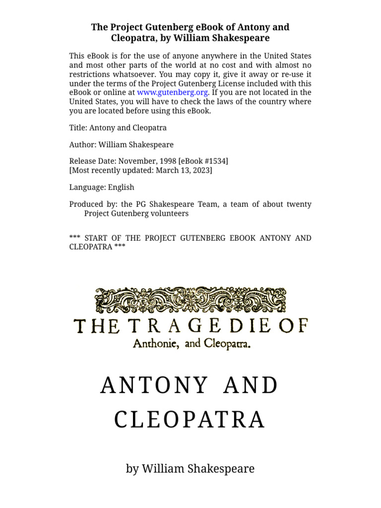 Antony and Cleopatra, By William Shakespeare | PDF | Mark Antony ...