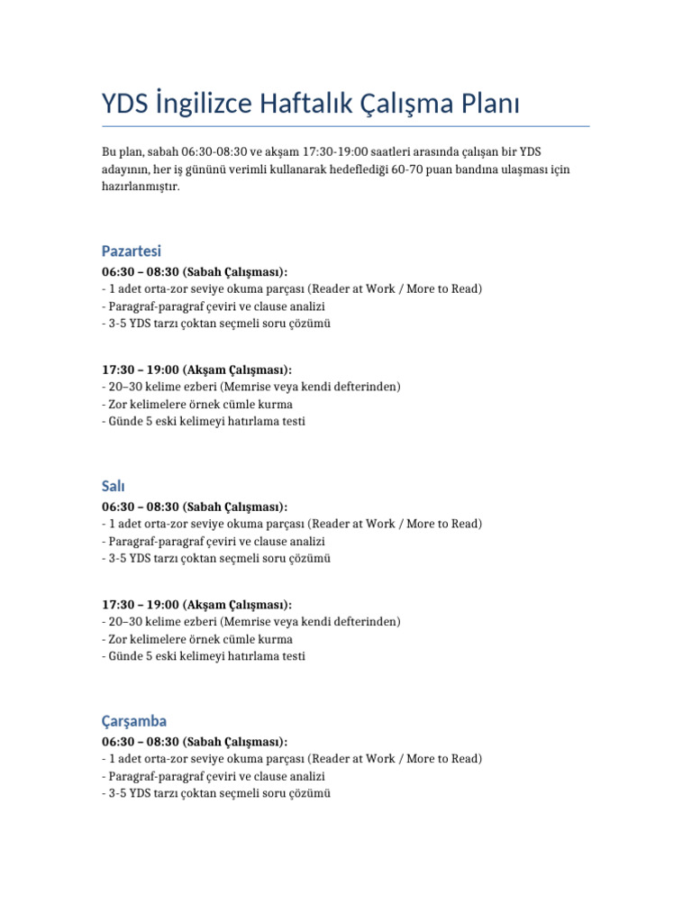 YDS Haftalik Calisma Plani | PDF