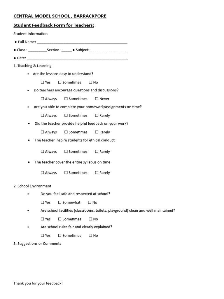 Student Feedback Form for Teachers | PDF