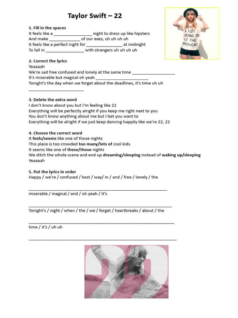 22 - Taylor Swift Song Listening Practice | PDF