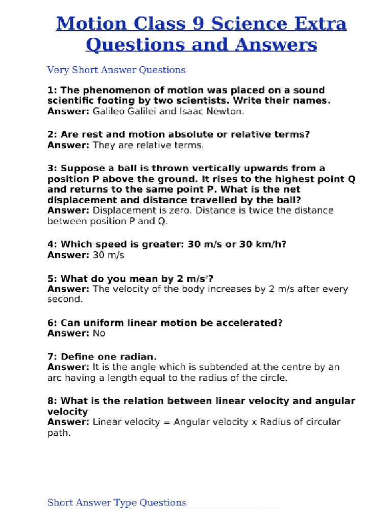 Motion Extra Question | PDF